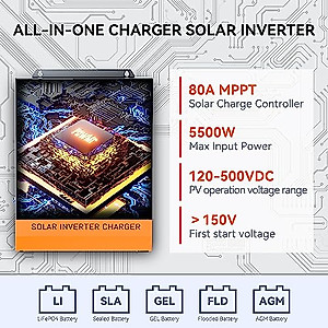 PowMr 5000W Solar Inverter 48V DC to 110V AC, 5KW Pure Sine Wave Hybrid Inverter Charger Built-in 80A MPPT Controller, Max 500V PV Input, for 48V Lead-Acid/Lithium Batteries