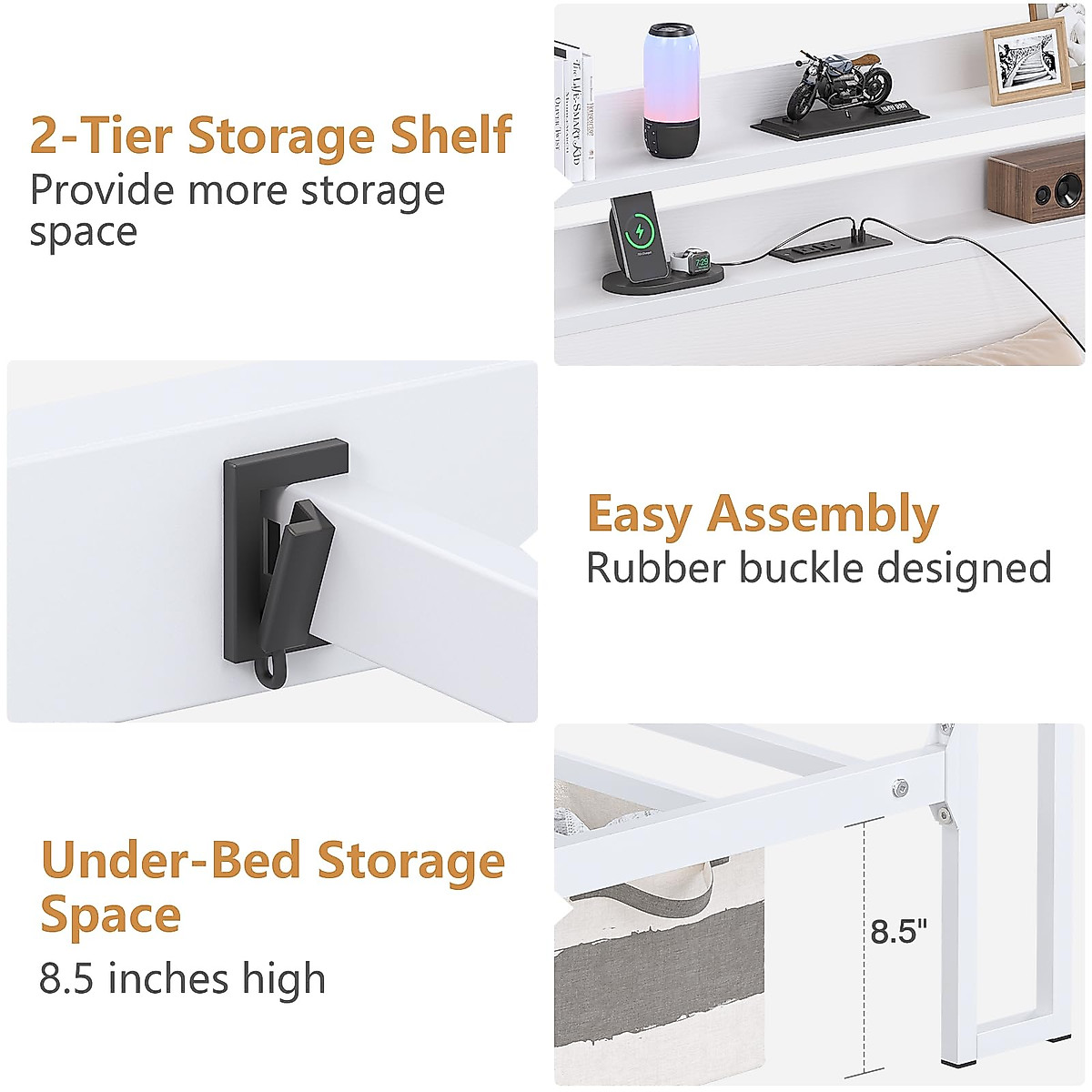 Elephance Twin Bed Frames with Charging Station and Storage Headboard, No Box Spring Needed, Noise Free, Easy Assembly