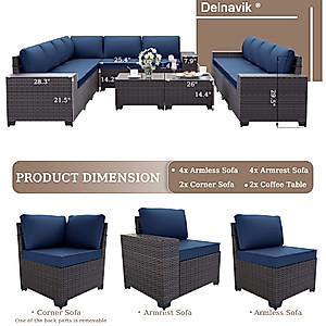 Delnavik Patio Furniture Set Sofa 12-Pieces Wicker Sectional Sofa Set, Outdoor Furniture Rattan Patio Conversation Set with Thickened Cushions and Glass Coffee Table, Navy Blue