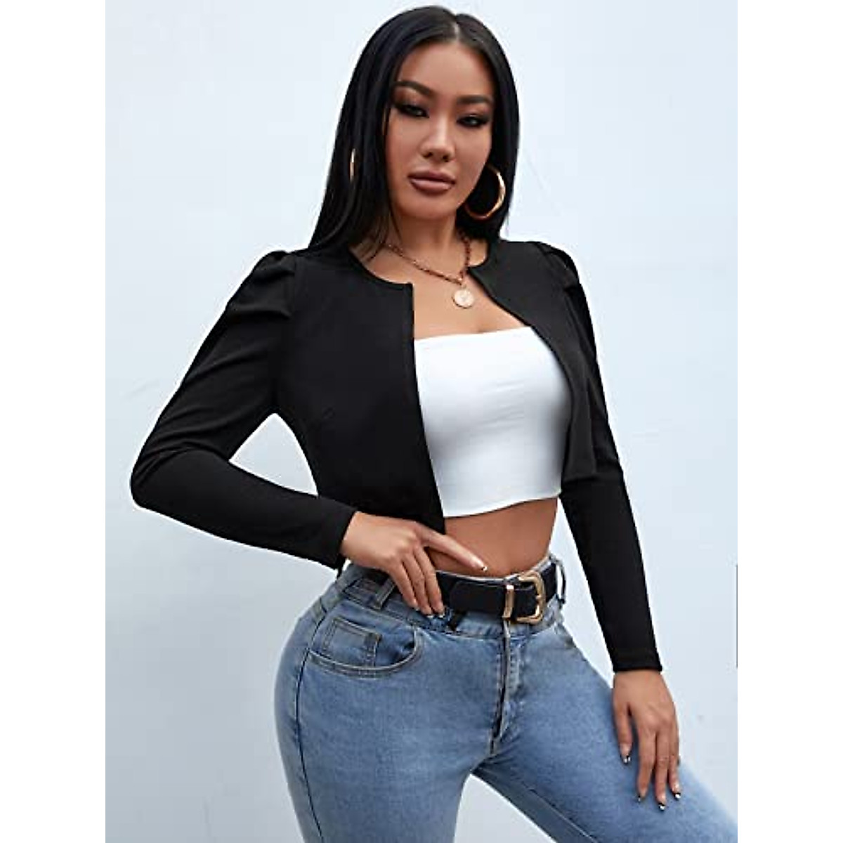 SheIn Women's Casual Long Sleeve Solid Crop Blazer Jacket Open Front Coat Solid Black Petite XX-Small