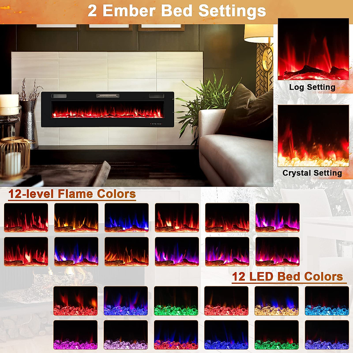 COSTWAY 68 Inches Ultra-Thin Electric Fireplace, 5100 BTU Recessed and Wall Mounted Fireplace Insert with Remote Control, Log and Decorative Crystals, Adjustable Flame Effect, ETL Certification