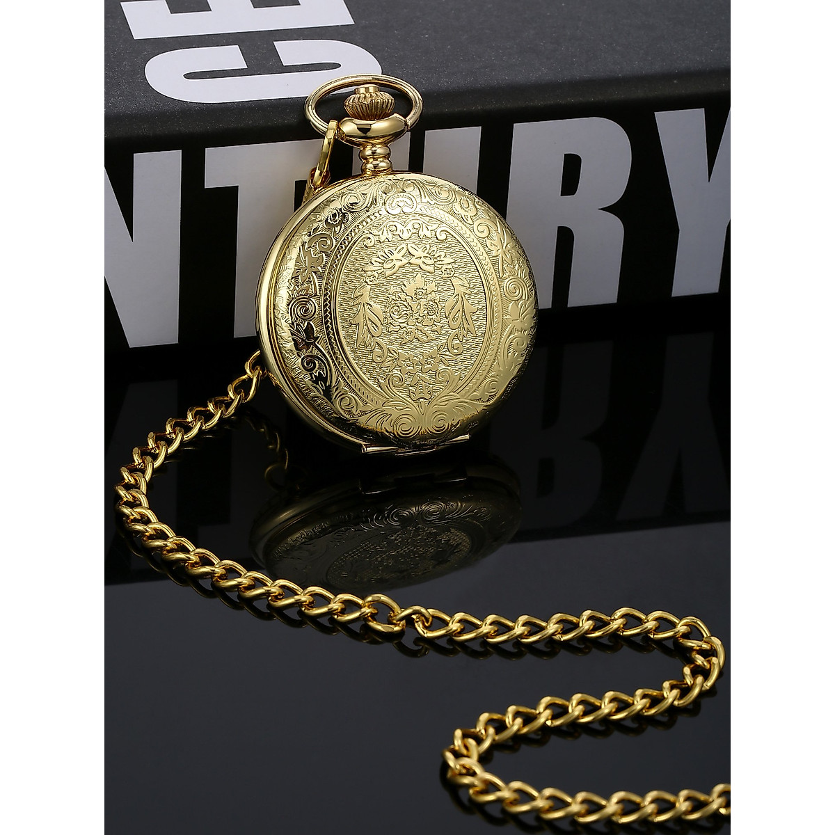 Vintage Pocket Watch Gold Steel Men Watch with Chain for Fathers Day Gift