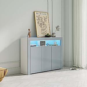 KNAMOTL Sideboard Storage Cabinet with LED Light, Modern Kitchen Unit Cupboard, Buffet Wooden Storage Display Cabinet, Wooden Storage Display Cabinet TV Stand with 3 Doors (Gray)