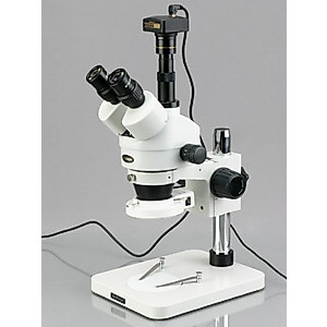 AmScope SM-1TSZZ-144S-10M Digital Professional Trinocular Stereo Zoom Microscope, WH10x and WH20x Eyepieces, 3.5X-180X Magnification, 0.7X-4.5X Zoom Objective, 144-Bulb LED Ring Light, Pillar Stand, 110V-240V, Includes 0.5X and 2.0X Barlow Lenses and 10MP