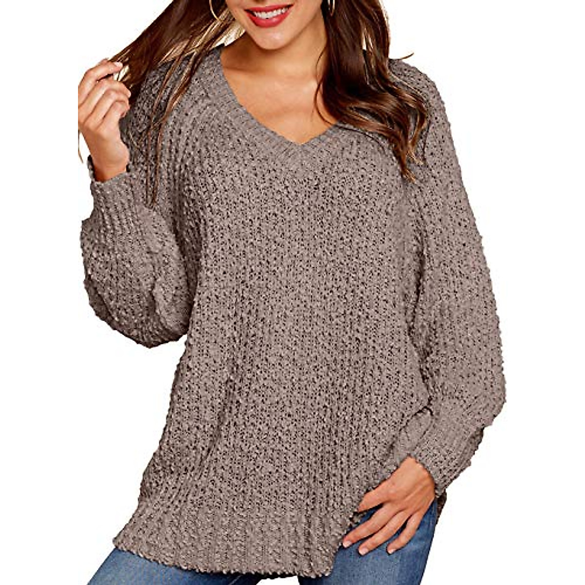 KIRUNDO Women's 2023 Fall Winter Oversized Fuzzy Popcorn Sweaters Trendy V Neck Long Sleeve Cozy Pullover Tunic Tops(X-Large, Khaki)