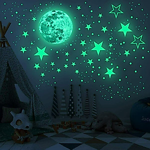 Sursarbelor Luminous Φ30cm Big Moon and Stars Dots Wall Stickers, 435 Pieces Glow in The Dark Stickers, Wall Ceiling Sticker Decals for Home Party Kids Room Decorations