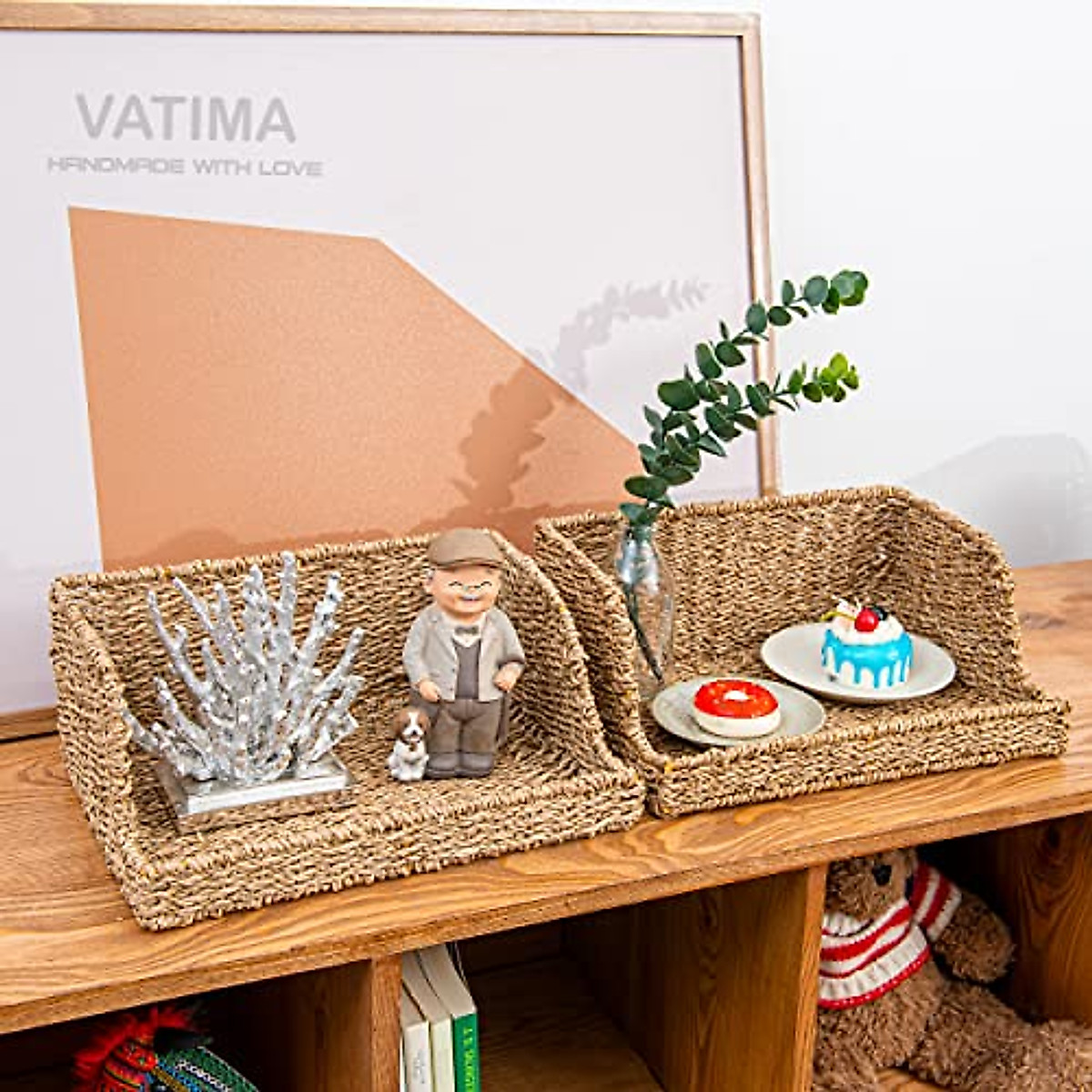 VATIMA Large Open-Front Baskets for Kitchen, Natural Seagrass Storage Baskets for Organizing, Decorative for Living Room, 13.4” x 9.5” x 5.5”, 2 Pack