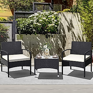 RELAX4LIFE 3-Piece Patio Furniture Set - Rattan Conversation Set, Wicker Bistro Set w/2 Chairs, Glass Coffee Table, Steel Frame, Outdoor Chairs Set for Yard Balcony, Front Porch Furniture (Beige)