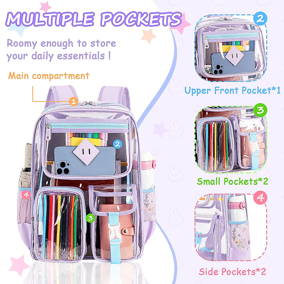 PIG PIG GIRL Clear Backpack for School,Heavy Duty PVC Transparent Bookbag for Girls Stadium Approved See Through Backpack for Women for College Work Travel Festival,Purple and Blue