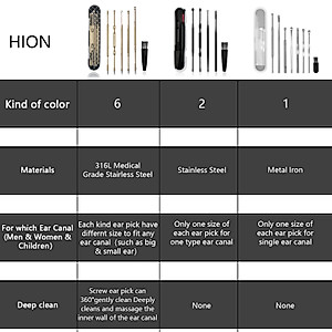 Hion 6 Pcs Extended Ear Wax Removal Kit,Professional Double-Headed Ear Pick Earwax Removal Tools,316L Stainless Steel Ear Cleaner Curette with Cleaning Brush and Storage Box,Suit for Kid Adult(Gold)