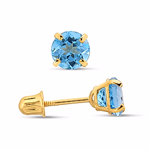 14K Yellow Gold Blue-Topaz Gemstone Birthstone Solitaire Stud Earrings With Secure Screw Backs, (1.20 cttw, 5MM)