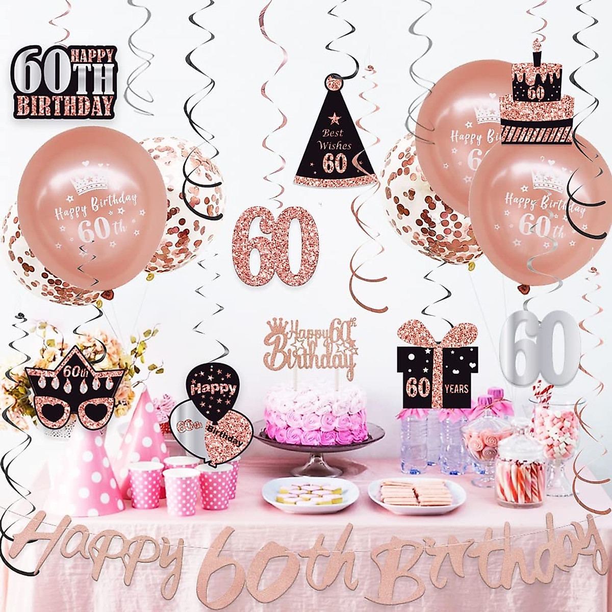WOJOGO 60th Birthday Decorations Women, Rose Gold & Black Happy 60th Birthday Decorations Kit, Happy 60th Birthday Banner Hanging Swirls Birthday Cake Topper Balloons for Party Supplies