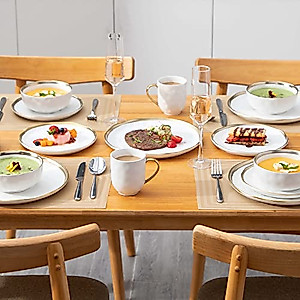 LOVECASA Stoneware Dish Set for 4, Handmade Plates and Bowls Sets, 16 PCS White and Gold Dinnerware Sets, Dishwasher Safe