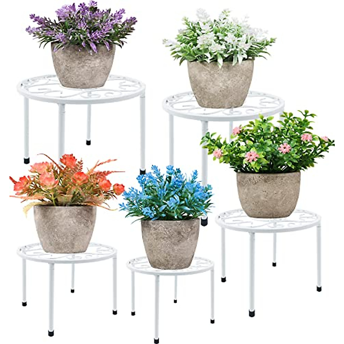HAINARverS Metal Plant Stands 5-Pack, Heavy Duty Rustproof Iron Corner Flower Pot Stand Holder,Round Supports Display Rack Tiered Plant Stand Shelf For Indoor And Outdoor Multiple (White)