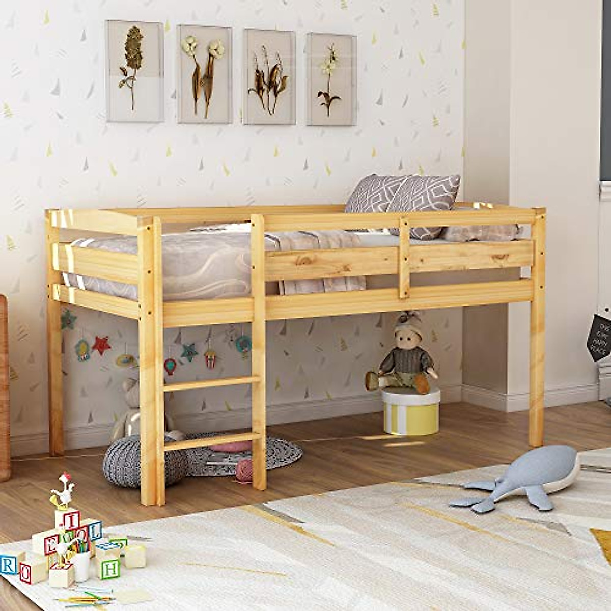 Merax Twin Size Wood Low Loft Bed Frame for Kids Junior Low Loft Bunk Bed with Full Length Guardrails Walnut