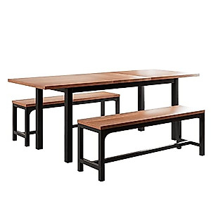 Feonase 3-Piece 63" XL Large Dining Room Table Set for 4-8 People, Extendable Kitchen Table Set with 2 Benches, Metal Frame and Solid MDF Wood Board, Easy Assembly, Walnut