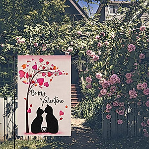 Happy Valentine's Day Garden Flag 12x18 Double Sided Vertical, Burlap Small Be My Valentines Black Cat Couple Heart Yard Flag Banner Sign for Wedding Valentines House Outdoor Decoration (ONLY FLAG)