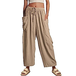 LILLUSORY Women Linen Summer Fall Fashion Outfits Clothes Palazzo Casual Flowy Pants 2023 Wide Leg Trousers Lounge Drawstring Loose Lightweigt Beach Trendy Harem Hippie Pants with Pocket Khaki