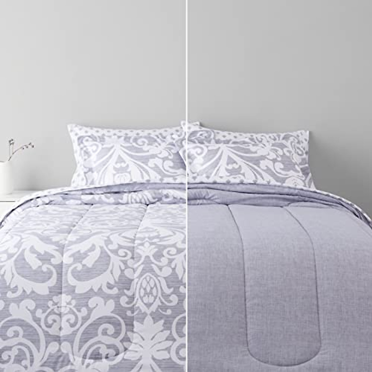 Amazon Basics Ultra-Soft Lightweight Reversible Microfiber Comforter Bed-in-a-Bag, 7-Piece Set, Full/Queen, Gray Medallion