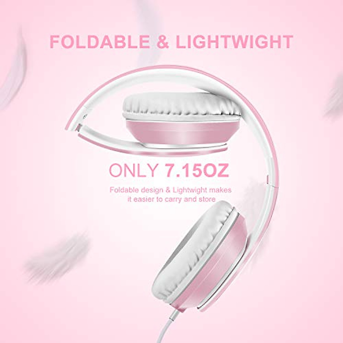 LORELEI X6 Over-Ear Headphones with Microphone, Lightweight Foldable & Portable Stereo Bass Headphones with 1.45M No-Tangle, Wired Headphones for Smartphone Tablet MP3 / 4 (Pearl Pink)