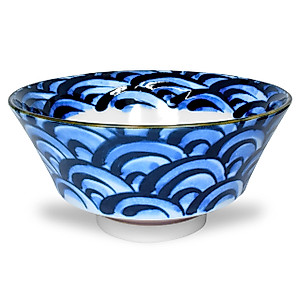 Japanese Mino Yaki(Ware) Ceramic Ramen Bowl and Ramen Spoon Set - Wave Navy, 33.8 fl oz, Japanese Donburi, Noodle, Soup Bowl, Microwave & Dishwasher Safe, Home Kitchen & Restaurant, Japanese Gifts