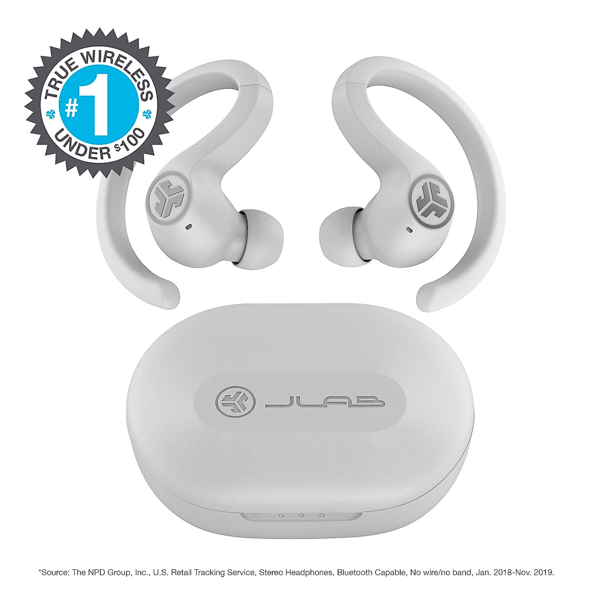 JLab JBuds Air Sport True Wireless Bluetooth Earbuds + Charging Case, White, IP66 Sweat Resistance, Class 1 Bluetooth 5.0 Connection, 3 EQ Sound Settings Signature, Balanced, Bass Boost