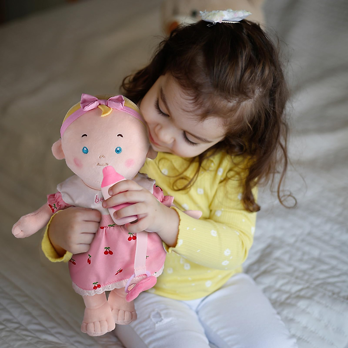 GAGAKU Lovely Baby Doll 12 inch, Soft Plush Doll for Girls Stuffed Huggable Doll Rag Cuddly Doll with Magic Magnetic Pacifier Simulated Baby Bottle for Kids