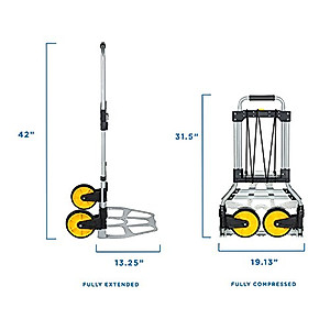 Mount-It! Folding Hand Truck and Dolly, 264 Lb Capacity Heavy-Duty Luggage Trolley Cart With Telescoping Handle and Rubber Wheels, Silver, Black, Yellow,