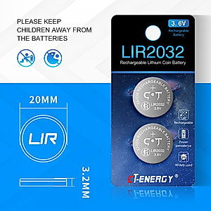 CT-ENERGY Rechargeable LIR2032 Batteries 3.6V Lithium Ion Button Coin Cell Batteries 2PCS AirTag Key Fobs Watch Battery Replacing