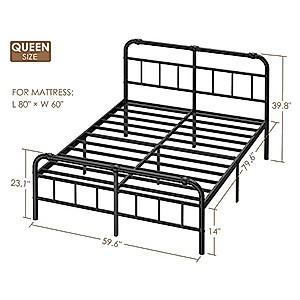 FSCHOS Queen-Bed-Frame-with-Headboard & Footboard, 14 Inch High, Metal Platform Bed-Frame-Queen-Size, Premium Steel Heavy Duty Bed Frame No Box Spring Needed, Easy Assembly, Black