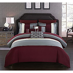 Chic Home Ayelet 10 Piece Comforter Set Color Block Ruffled Bag Bedding, Queen, Burgundy