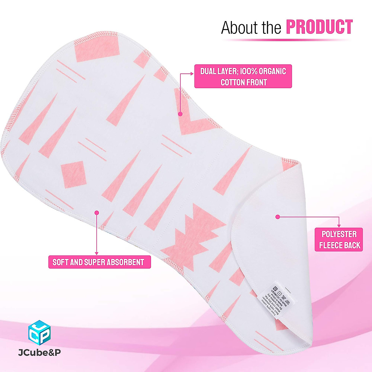 JCUBE&P Girl Burp Cloths - Organic Cotton & Fleece Burp Clothes - Soft & Absorbent Curvy Burp Rags - 5-Pack Contoured Set Burp Towels - Newborns & Infants Girl Burpy Cloths (Grace)