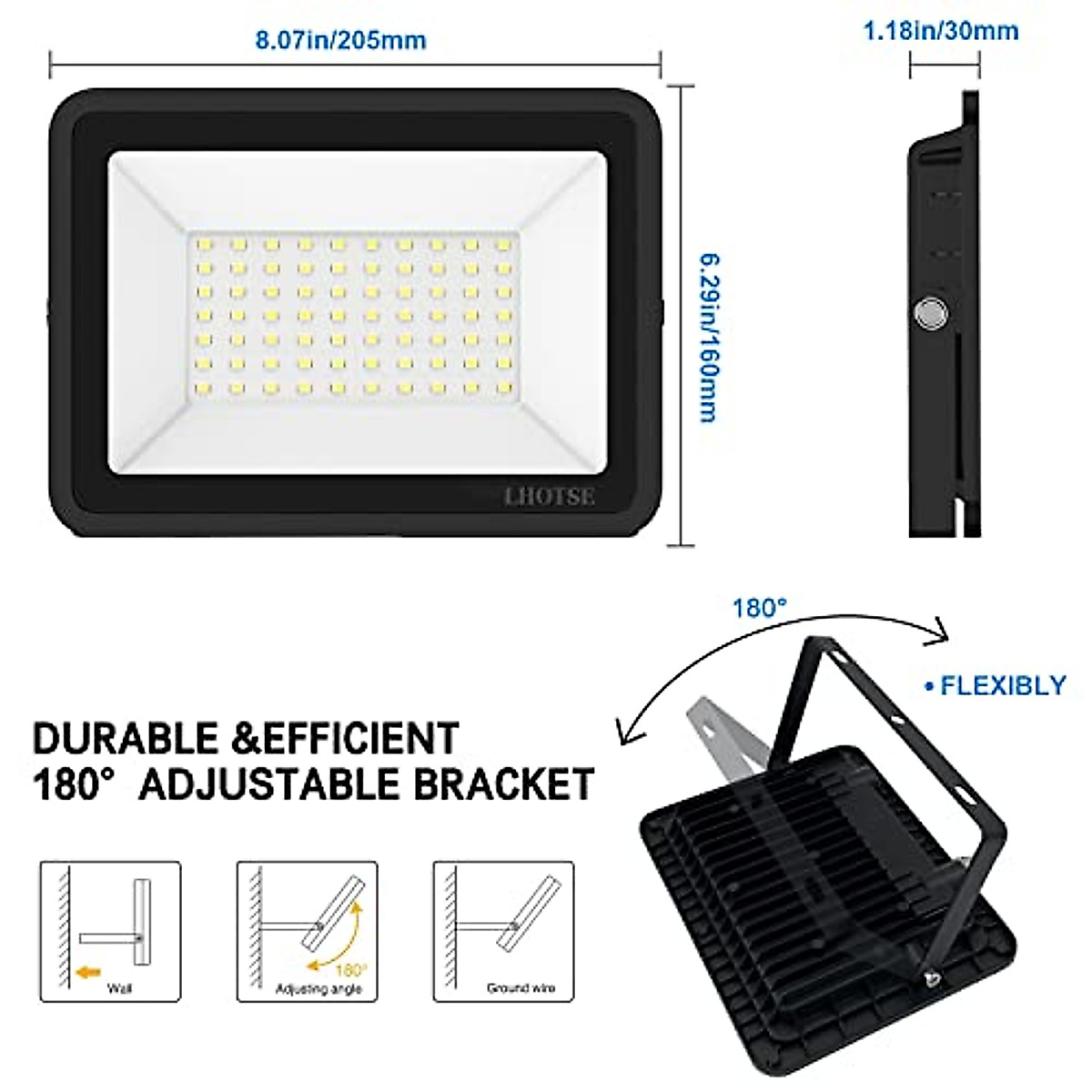 LHOTSE 2 Pack 50W LED Flood Light Outdoor，7000 Lumens LED Work Light with Plug,IP65 Waterproof Outdoor Floodlights, 6500K Daylight White Super Bright Security Light for Yard Garden Patio Playground