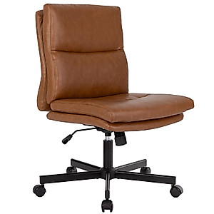 LUCKWIND Armless Office Desk Chair with Wheels, Mid-Back Criss Cross Swivel Task Chair, Height Adjustable Cushioned Vanity Chair, Double Padded PU-Leather Chairs for Home, Office & Bedroom (Brown)