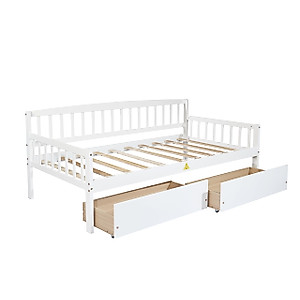 Twin Size Daybed Frame with Storage Drawers,Wood Day Bed Frame Twin Size,Daybed with Storage for Bedroom,Living Room,Kids Room, White