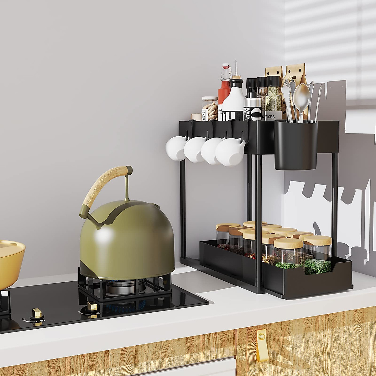 DEKYHOME Under Sink Organizer and Storage,Bathroom Organizer with 4 Hooks and 1 Hanging cup, Multi-purpose Storage Shelf for Bathroom Kitchen