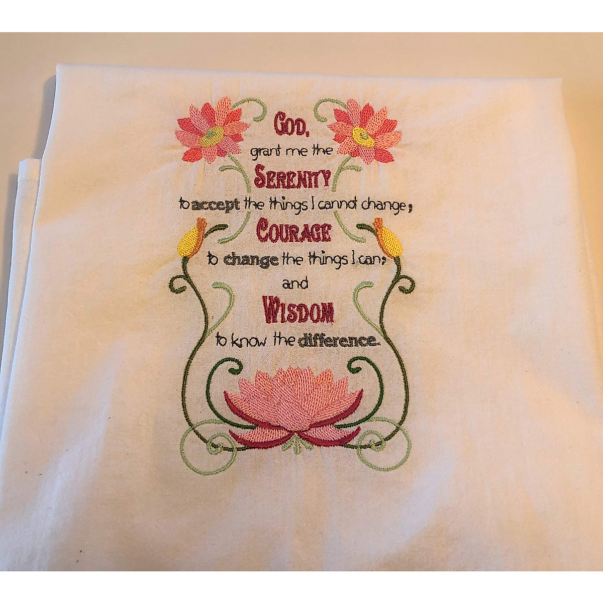 Serenity prayer embroidered flour sack tea towel, dish towel, choice of flower and large text color, machine embroidery,