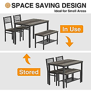 Teraves Dining Table Set for 4/Computer Desk,Kitchen Table with 2 Chairs and a Bench,Table and Chairs Dining Set 4 Piece Set for Dining Room (Black Oak+Black Frame, 110CM)