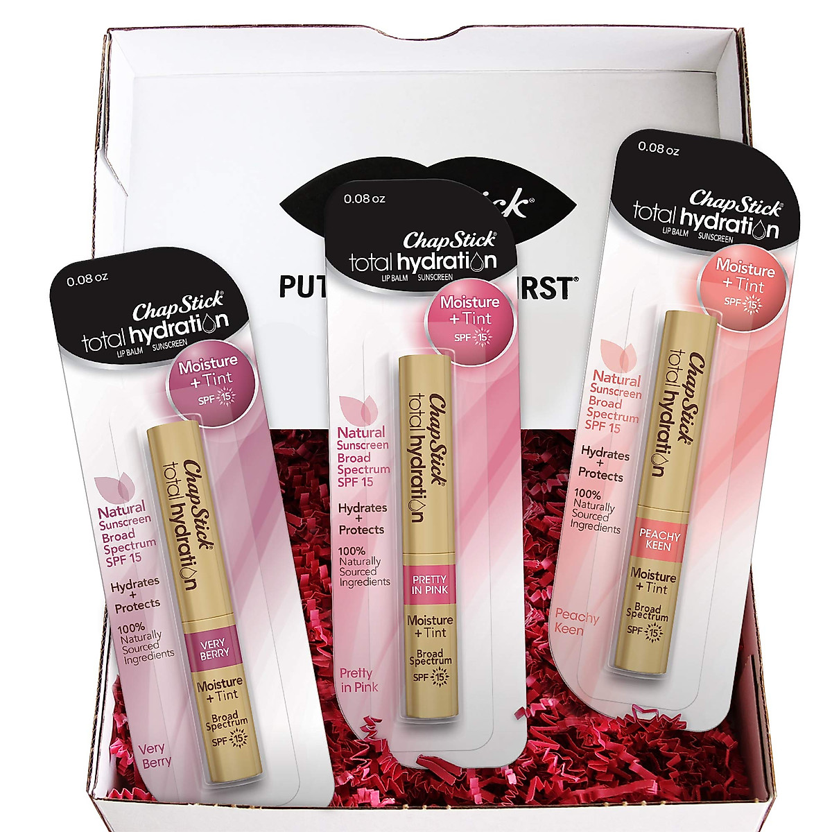 ChapStick Total Hydration Moisture Plus Tint Plus SPF, Tinted Lip Balm Collection With Natural Sunscreen In Very Berry, Pretty in Pink and Peachy Keen, 3 Tubes 0.08 oz