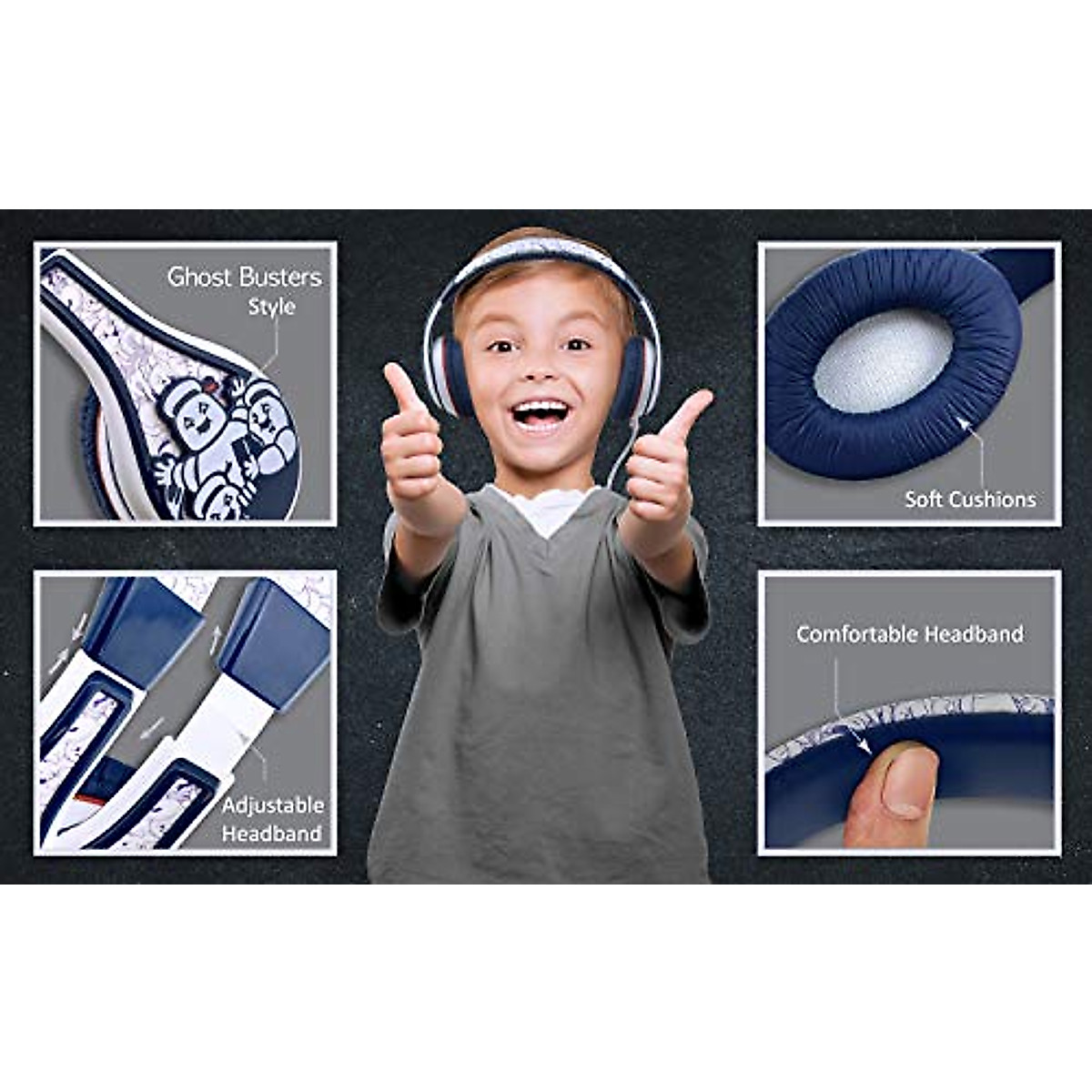 eKids Ghostbusters Kids Headphones, Adjustable Headband, Stereo Sound, 3.5Mm Jack, Wired Headphones for Kids, Tangle-Free, Volume Control, for Fans of Ghostbusters Merchandise