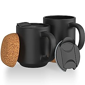 Ceramic Coffee Mug w/Lid and Cork Coaster Base - 12oz Slideproof Coffee Cups w/Handle and Sip and Cover Lid - Set of 2 Dishwasher Safe Ceramic Travel Mugs - Reusable Black Insulated Cup