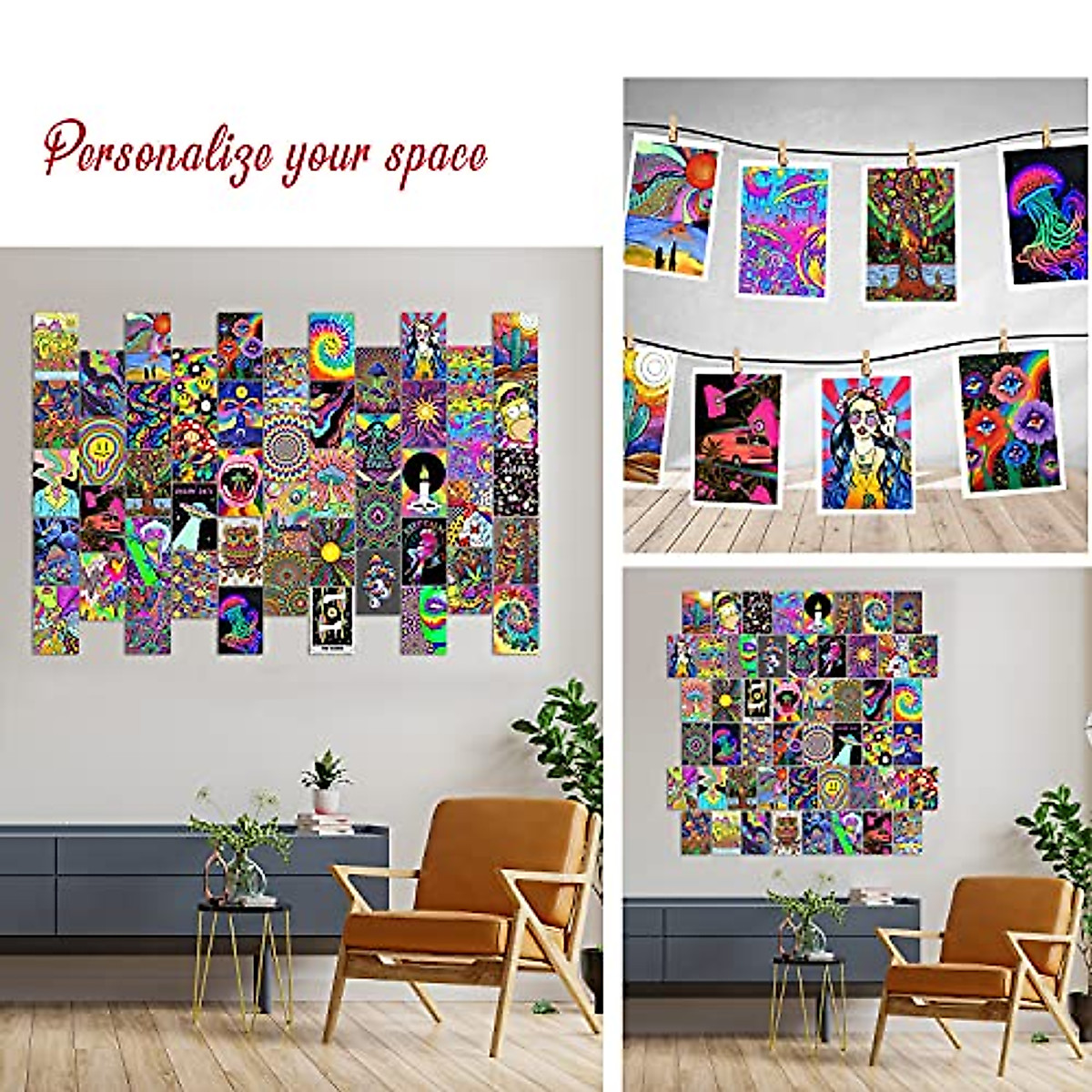 Woonkit Trippy Room Decor, Indie Room Decor, Hippie Room Decor, Indie Hippie Trippy Posters, Teen Wall Bedroom Dorm Aesthetic Poster, Photo Wall Collage Kit Pictures, Psychedelic Posters, 50PCS 4X6 INCH