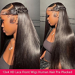 100% Human Hair 28 Inch Straight Lace Front Wigs Human Hair Pre Plucked 180 Density 13x4 HD Lace Front Wigs Human Hair for Black Women Glueless Brazilian Straight Lace Frontal Wigs with Baby Hair