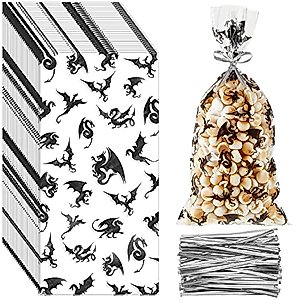 Jecery 100 Pcs Dragon Party 5.1 x 10.6 Inch Cello Bags with Twist Ties Dragons Cellophane Candy Bags Goodie Storage Bags for Kids Dragon Party Favor Knight Medieval Birthday Party Supplies Decor