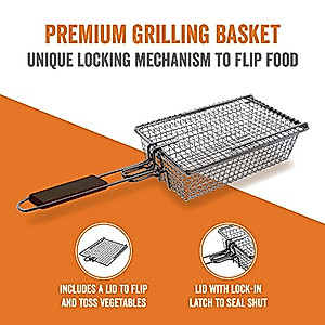 Yukon Glory Premium Grilling Basket, Designed Grill Vegetables, Seafood, Poultry and Meats, Unique Locking Mechanism to Easily Flip Food, Foldable Handle for Compact Storage
