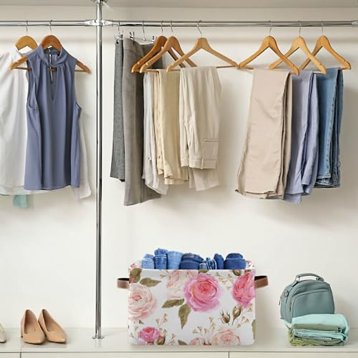 susiyo Large Foldable Storage Bin Floral Pink Roses Fabric Storage Baskets Collapsible Decorative Baskets Organizing Basket Bin with PU Handles for Shelves Home Closet Bedroom Living Room-1Pack