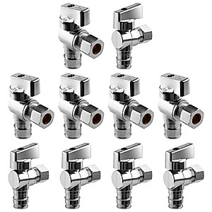 1/4 Turn Angle Stop Valve, 1/2" Expansion Pex F1960 X 3/8" OD Compression For Toilets And Faucets (Pack of 10)