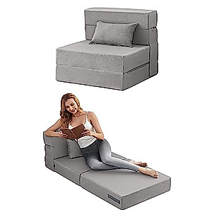 FILUXE Convertible Folding Sofa Bed - Sleeper Chair with Pillow, Modern Linen Fabric Floor& Futon Couch, Foldable Mattress for Living Room/Dorm/Guest Use/Home Office/Apartment, Single Size, Light Grey