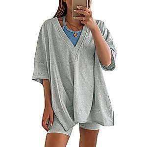 Lianlive 2 Piece Outfits Women's Oversized T-Shirts Biker Short Sets Hot Shot Reversible Set (LightGrey-L)