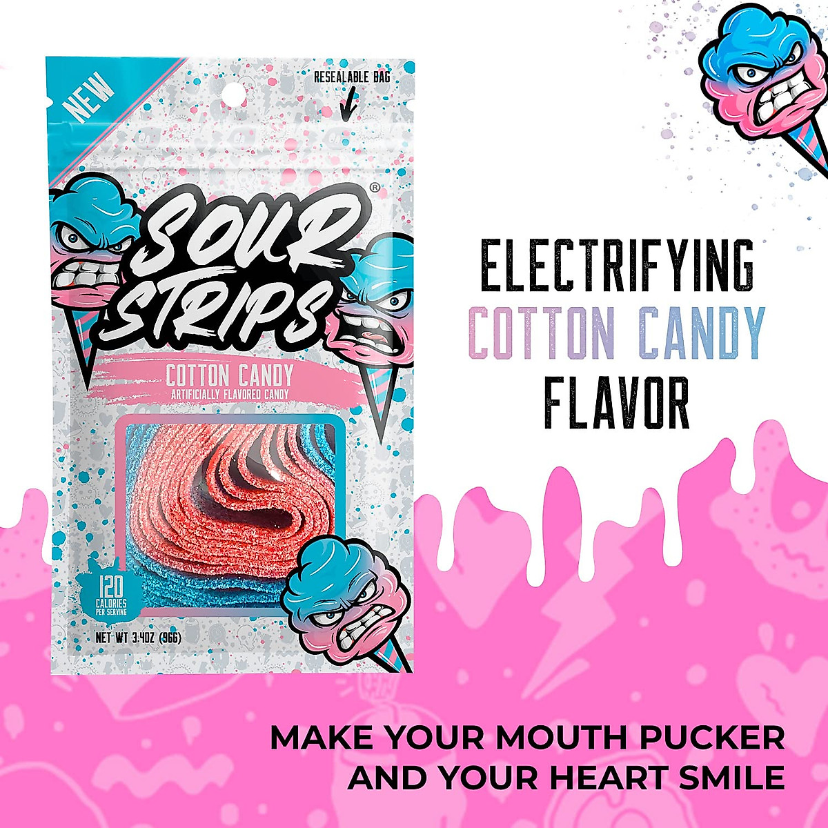 SOUR STRIPS Cotton Candy Flavored | Deliciously Chewy Belts Vegetarian Candies, 12 per Pack, 2 Pack